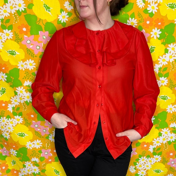 queen casual | Tops | Vintage Bright Red Ruffle Blouse | Poshmark